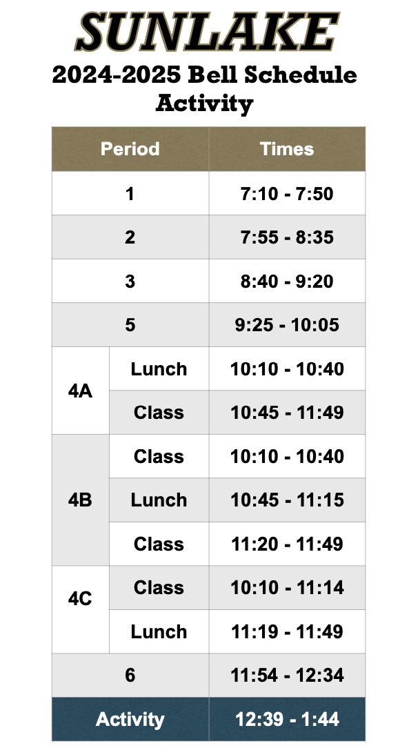 Bell Schedules | Sunlake High School